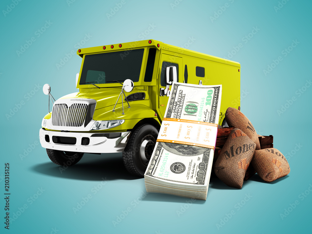 Modern money transport concept and stack of dolars in the bank yellow ...