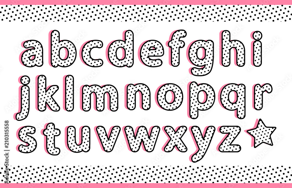 Black polka dots alphabet little letters set with pink flat shadow ...