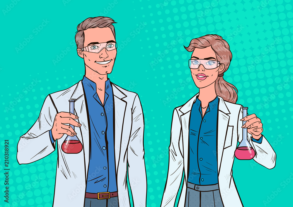 Pop Art Man and Woman Scientists with Flask. Laboratory Researchers ...