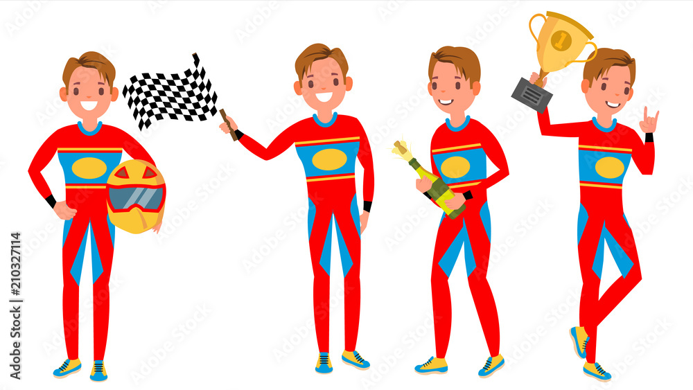Sport Car Racer Young Man Vector. Racing Championship. Red Uniform ...