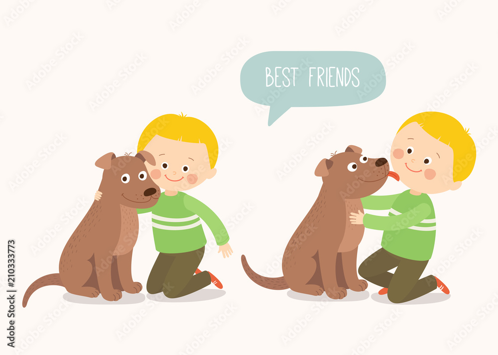 Child lovingly embraces his pet dog. A little dog licking a boy's cheek ...