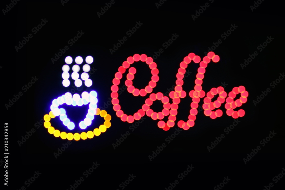 Coffee shop sign LED Bokeh light on dark background, Coffee shop sign Light signage bokeh dot ...