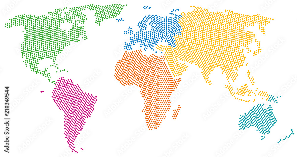 Continents of the world, radial dot pattern, on white background ...