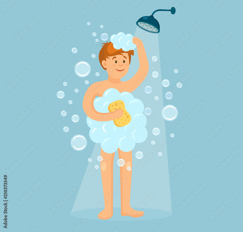 Happy man taking shower in bathroom. Wash head, hair, body, skin with ...