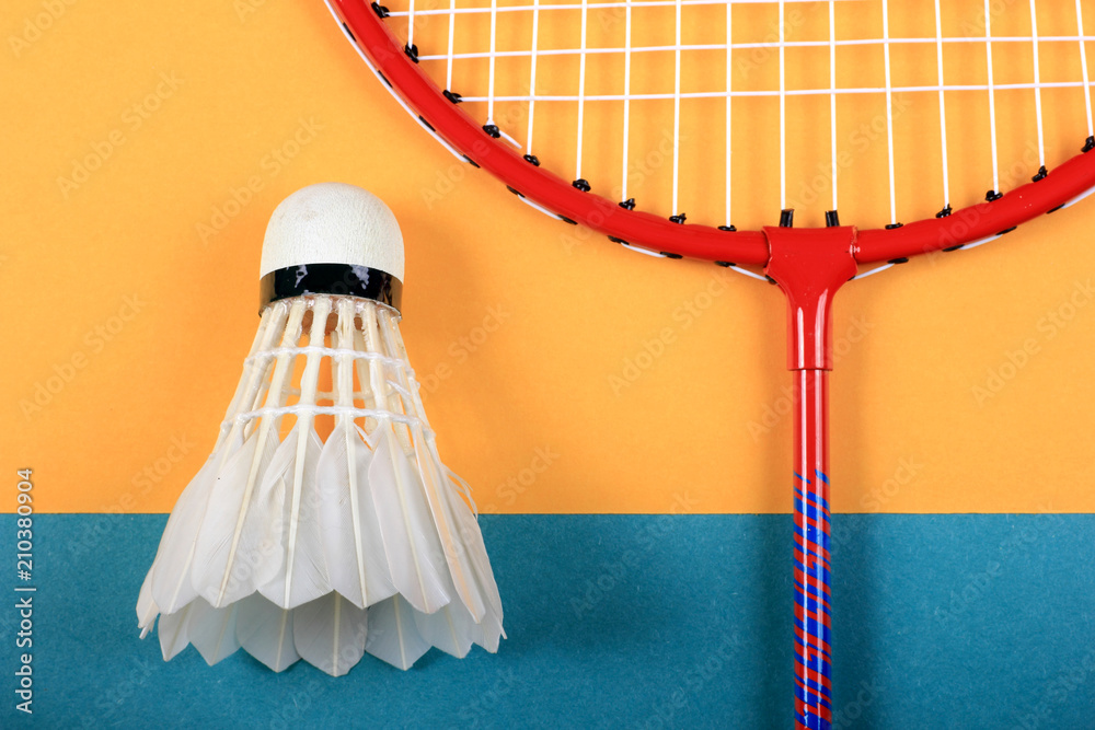 Summer fun minimal concept. Top view on badminton racket and ...