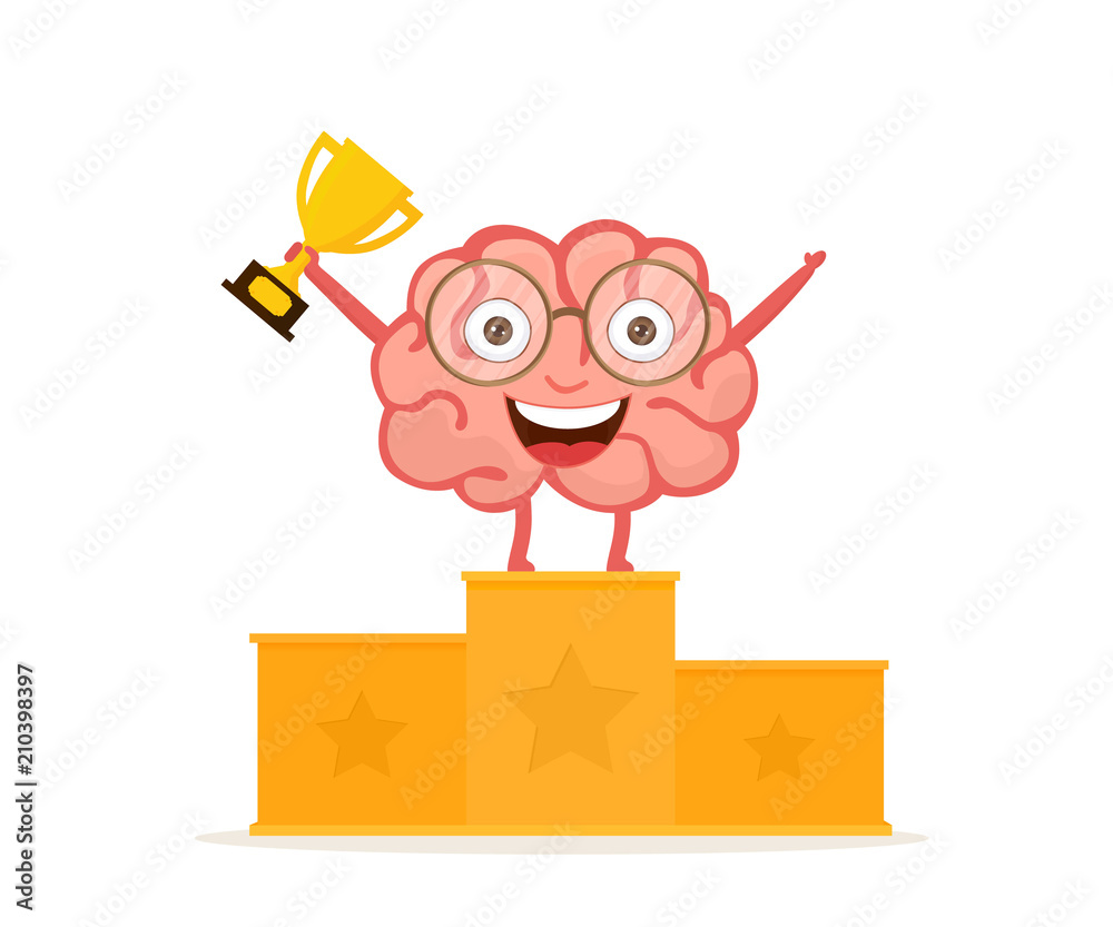 Happy brain cartoon character with trophy cup standing on winners ...