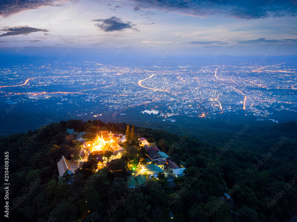 Aerial view of Wat Phra That Doi Suthep Temple at sunrise on the top of ...