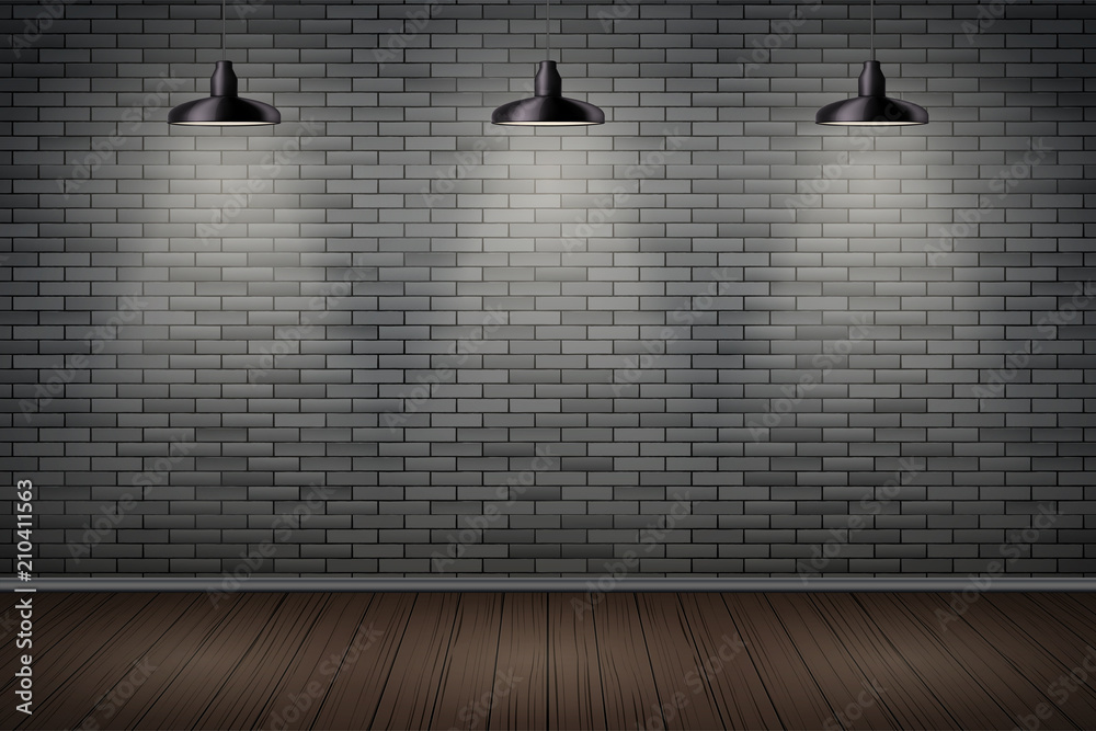 Interior of prison with black brick wall and vintage pedant lamps ...