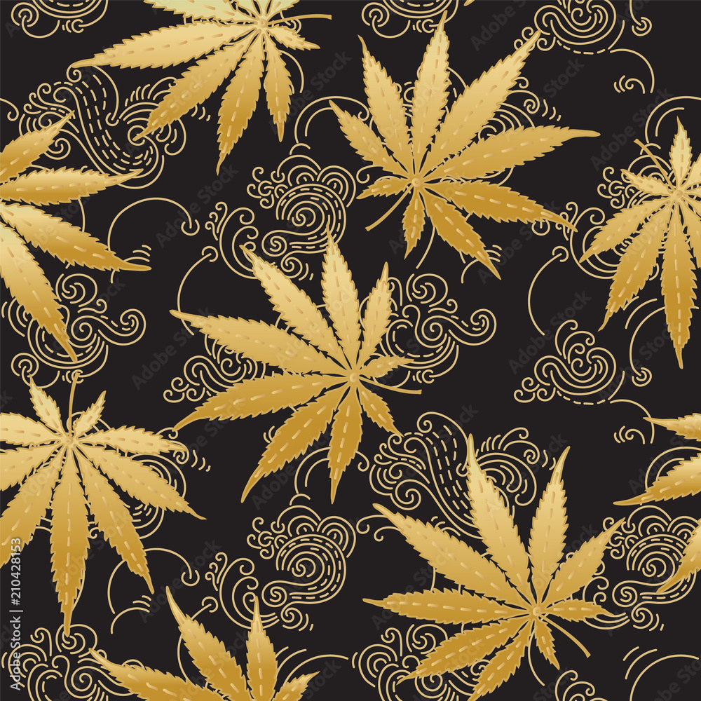 Cannabis or Marijuana leaves in gold. Hand drawn seamless pattern in ...