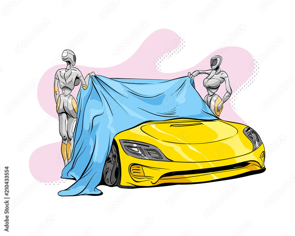 Car presentation by robots of a new model covered with a cloth. Hand ...