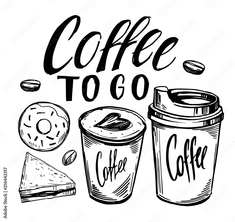 Coffee to go. Paper cup of coffee. Hand drawn sketch converted to ...