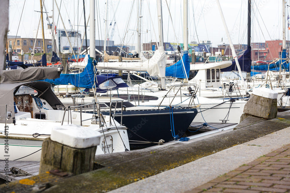 Yacht reflection north dock boat seaport sky blue sea background sunset ...