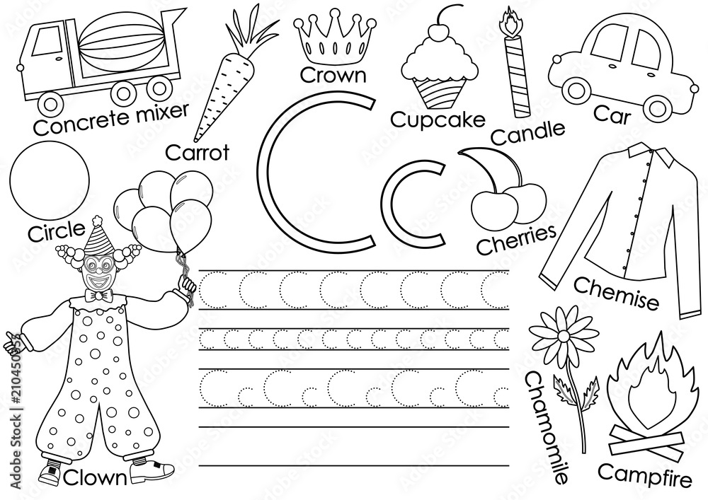 English alphabet. Letter C. Card with pictures and writing practice for ...
