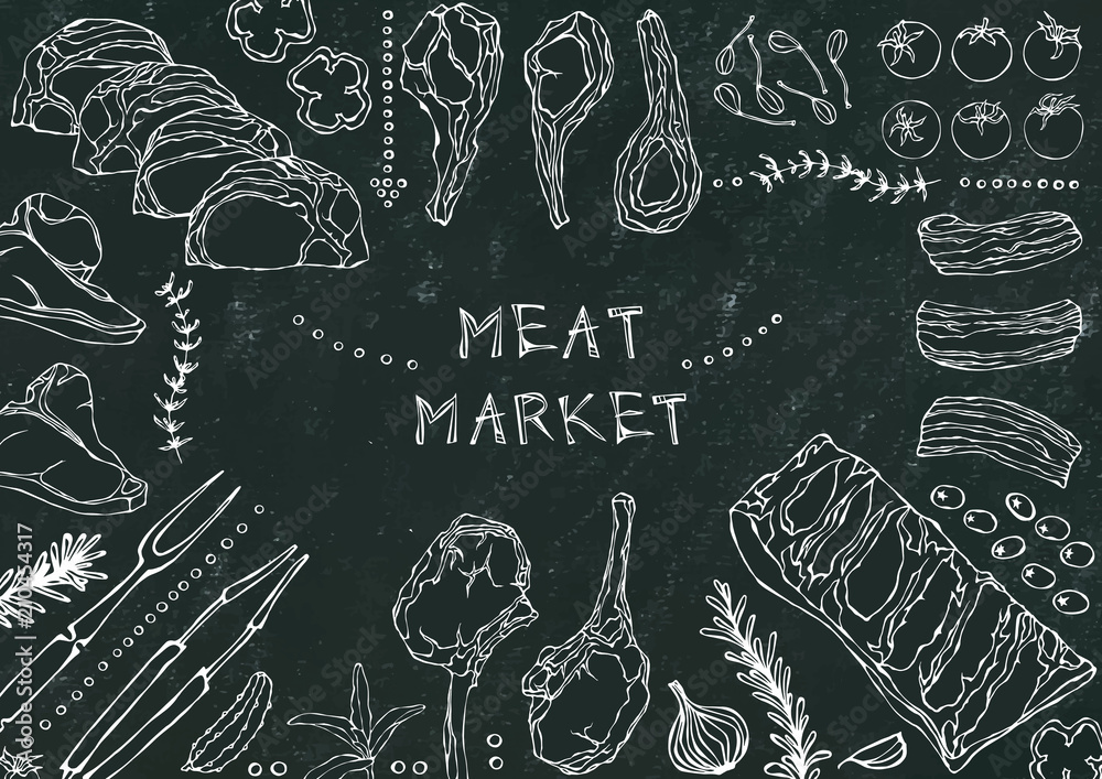 Meat Market. Meat Cuts - Beef, Pork, Lamb, Steak, Boneless Rump, Ribs ...