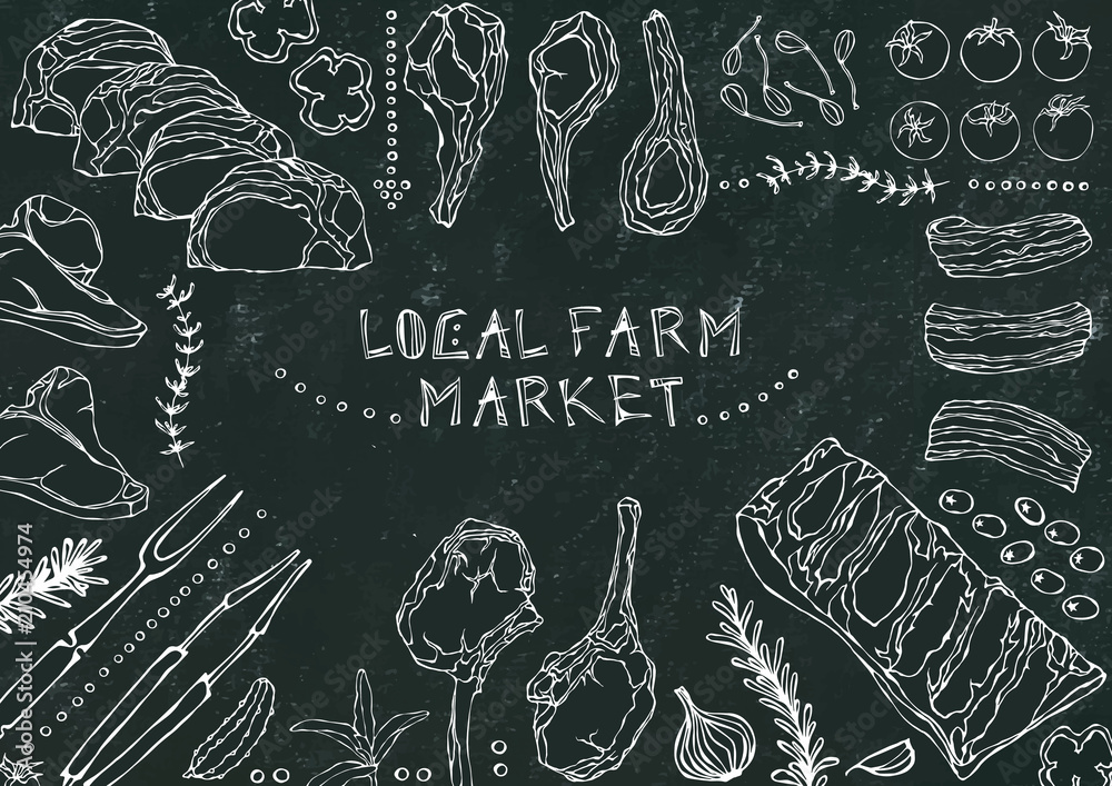Local Farm Market. Meat Cuts - Beef, Pork, Lamb, Steak, Boneless Rump ...