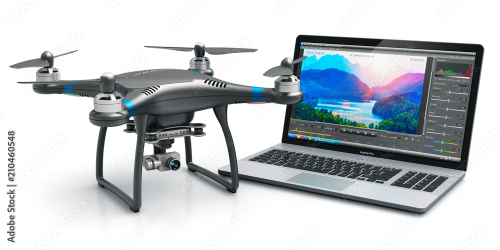 Quadcopter drone and laptop with video software Stock-Foto | Adobe Stock