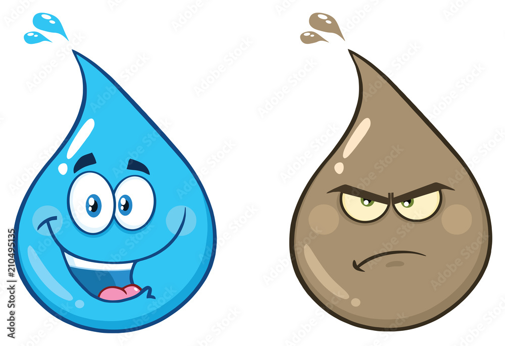 Clean And Dirty Water Drops Cartoon Mascot Character. Vector ...
