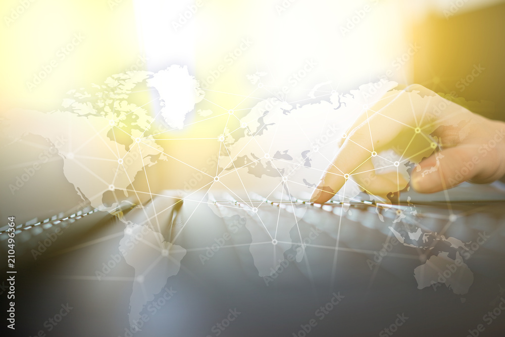 Worldwide network on virtual screen. World map and icons. Internet ...