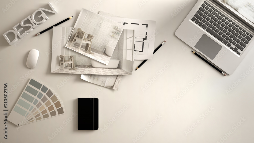 Architect designer concept, white work desk with computer, paper draft ...