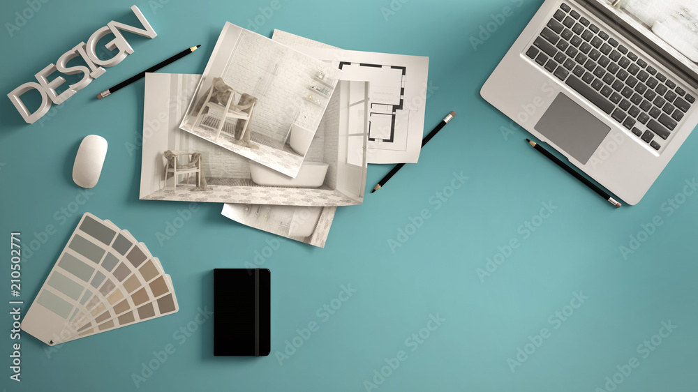 Architect designer concept, blue work desk with computer, paper draft ...