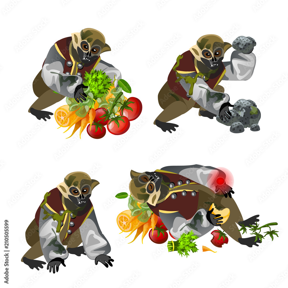 Set fantasy zombie monkey isolated on white background. Vector cartoon ...