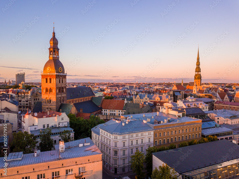 Magical sunset aerial view over Riga old town during "Jani" and "Ligo ...