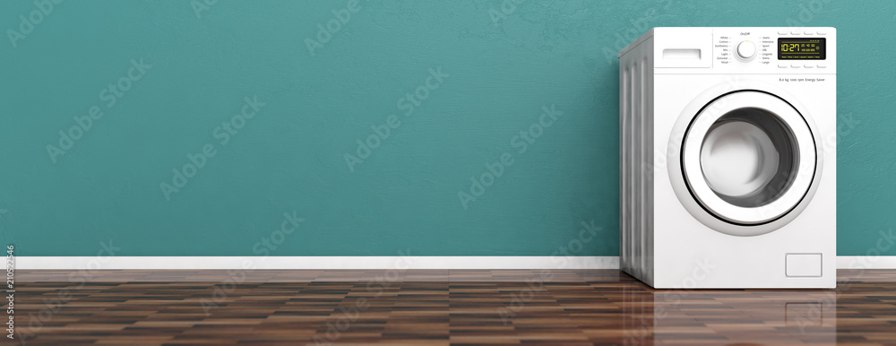 Clothes washing, dryer machine on wooden floor, green wall background ...