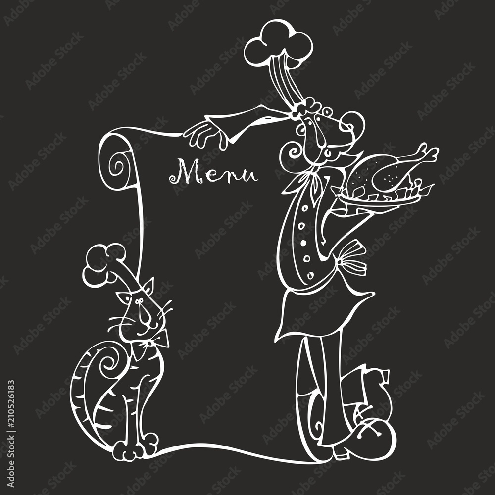 Cook. Chef. Menu. Cat. Chalk Board. Menu for the cafe. Design concept ...