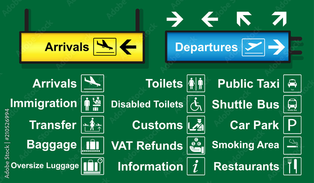 set of airport signs with logo and direction which is often used around ...