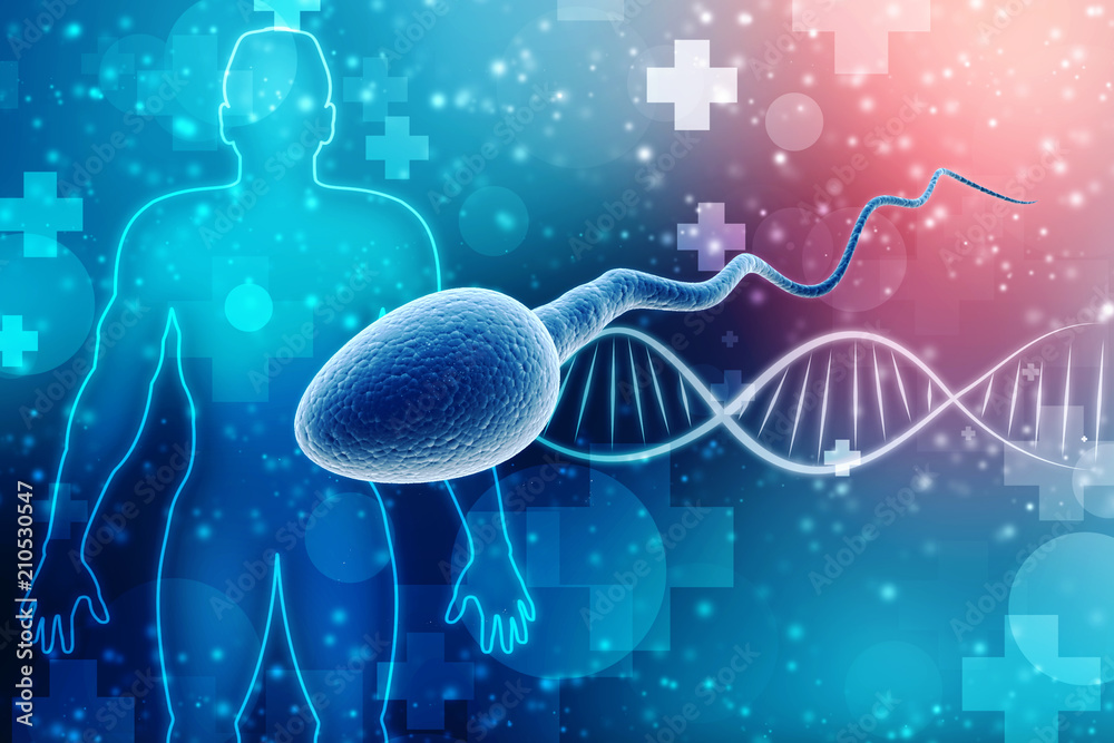 Human sperm cell in medical technology background. 3d illustration ...