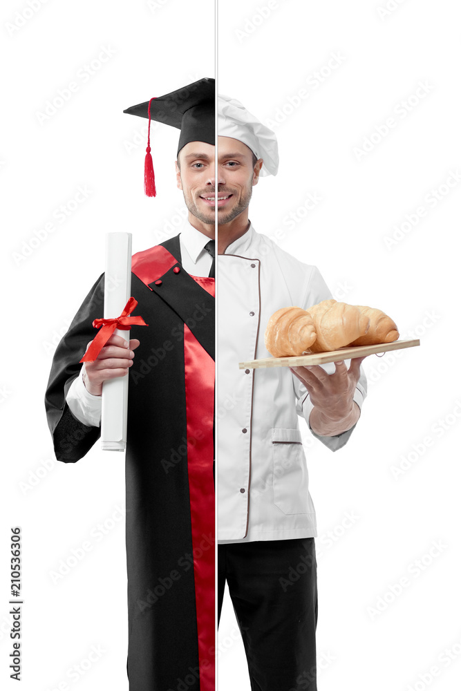 Comparison of university's graduate chef's outlook. Student wearing ...