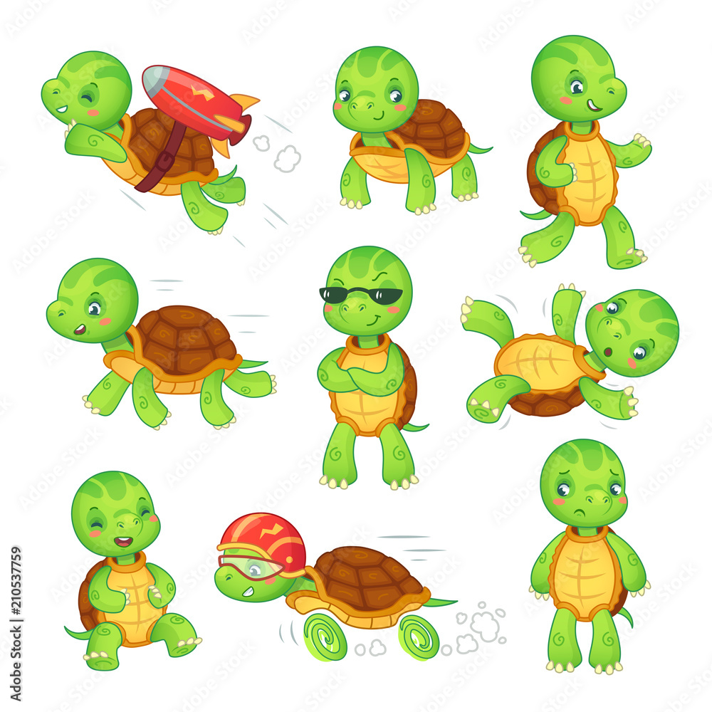 Turtle child. Running fast tortoise. Green kids turtles cartoon ...