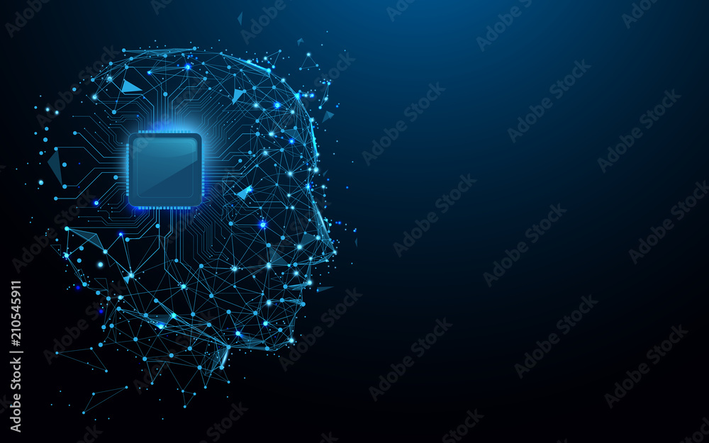 Head and computer chip form lines, triangles and particle style design ...