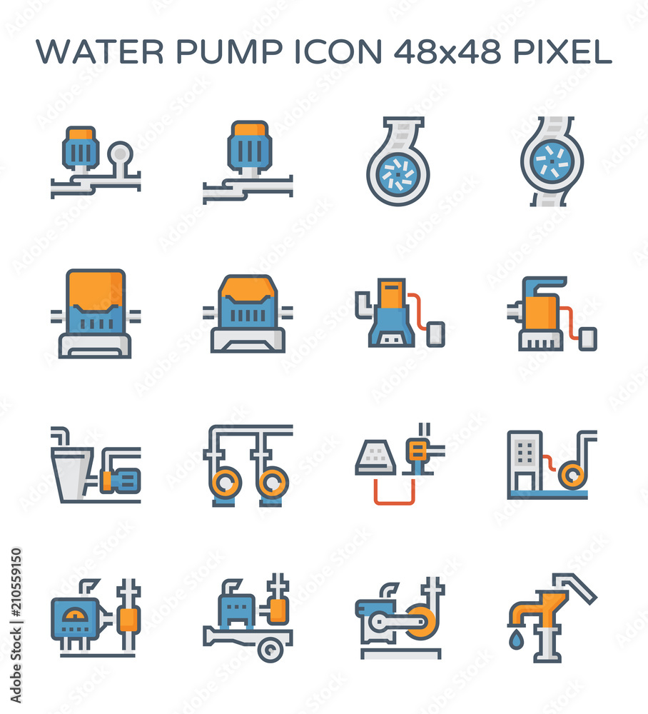 Water pump station icon. Consist of centrifugal, submersible and well ...