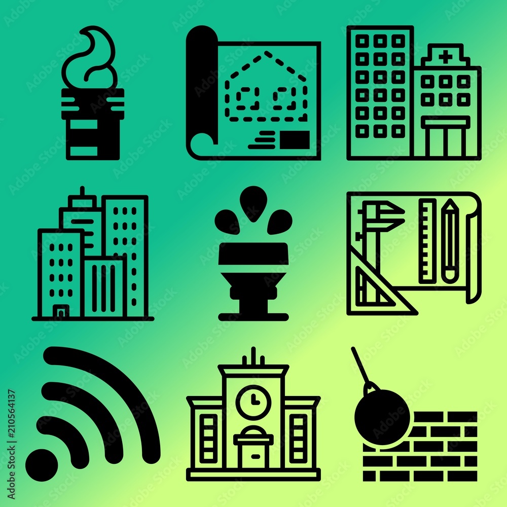 Vector icon set about building with 9 icons related to industrial ...