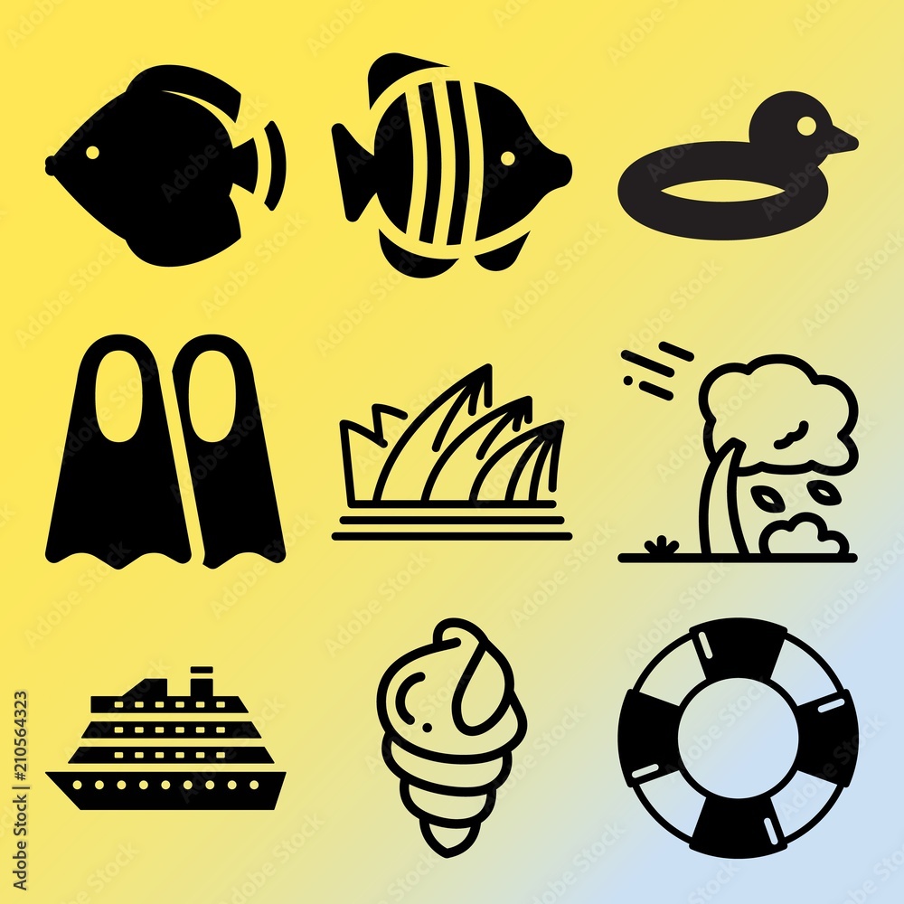 Vector icon set about sea with 9 icons related to spa, rain, outback ...