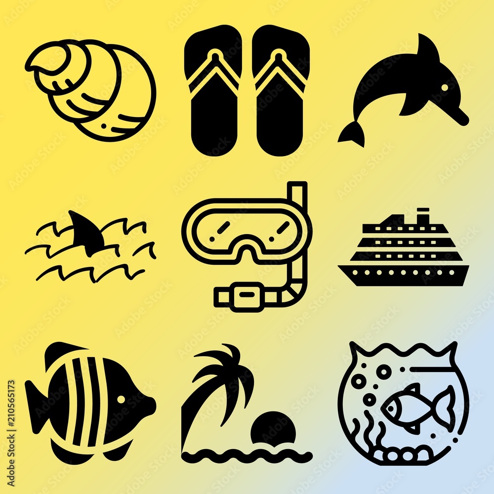 Vector icon set about sea with 9 icons related to illustration ...