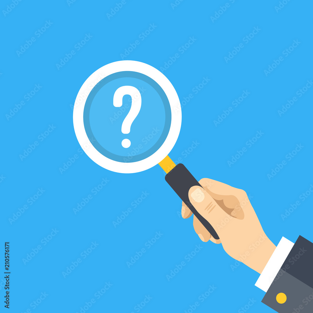 Human hand holding magnifying glass with question mark. Problem ...