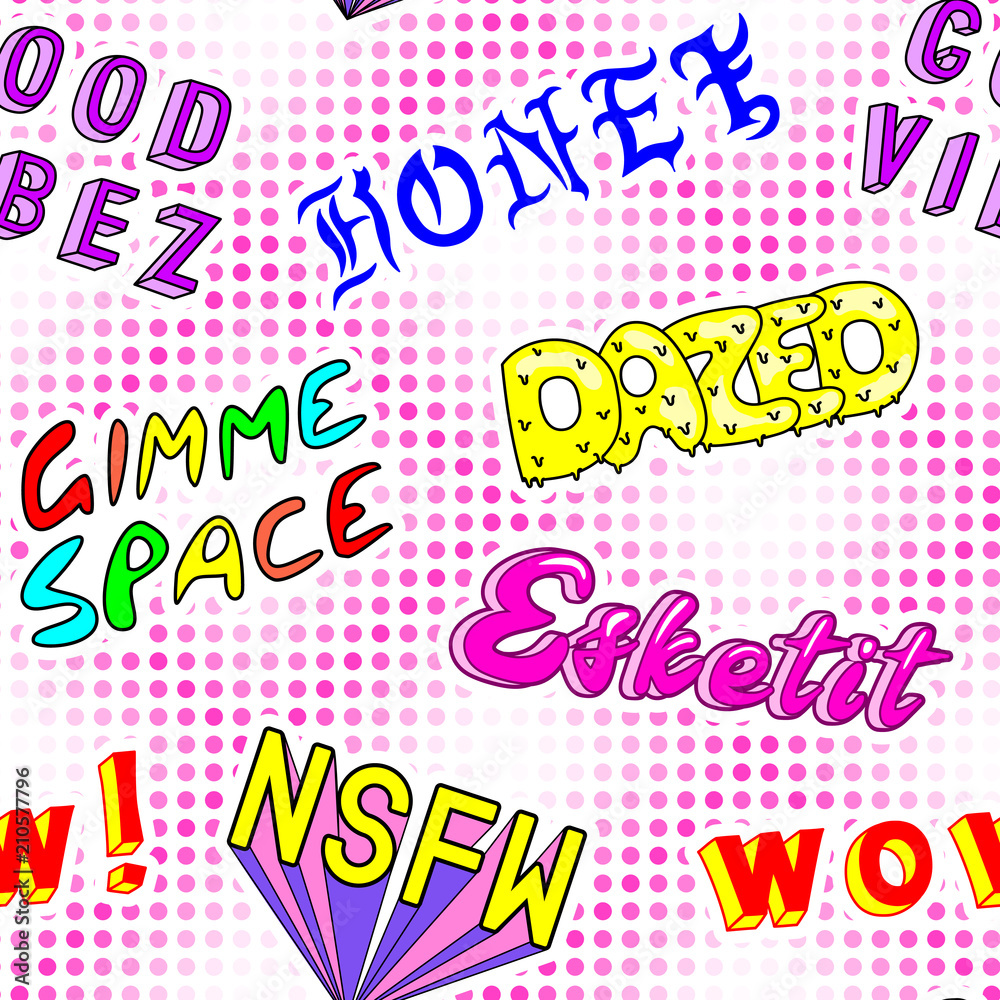 Seamless pattern with comic book colorful phrases, words: "Dazed ...