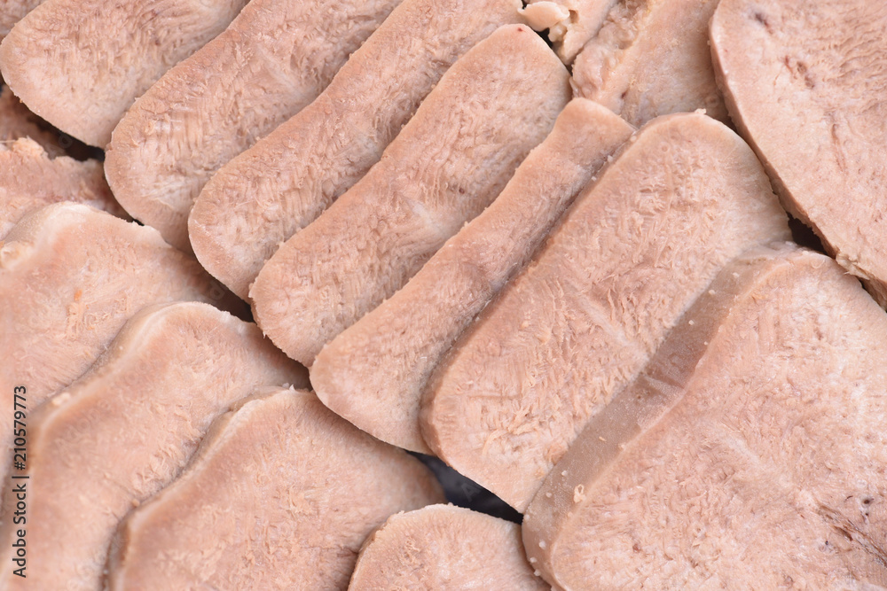 Meat delicacy sliced tongue. Boiled tongue close-up. Meat snack Stock ...