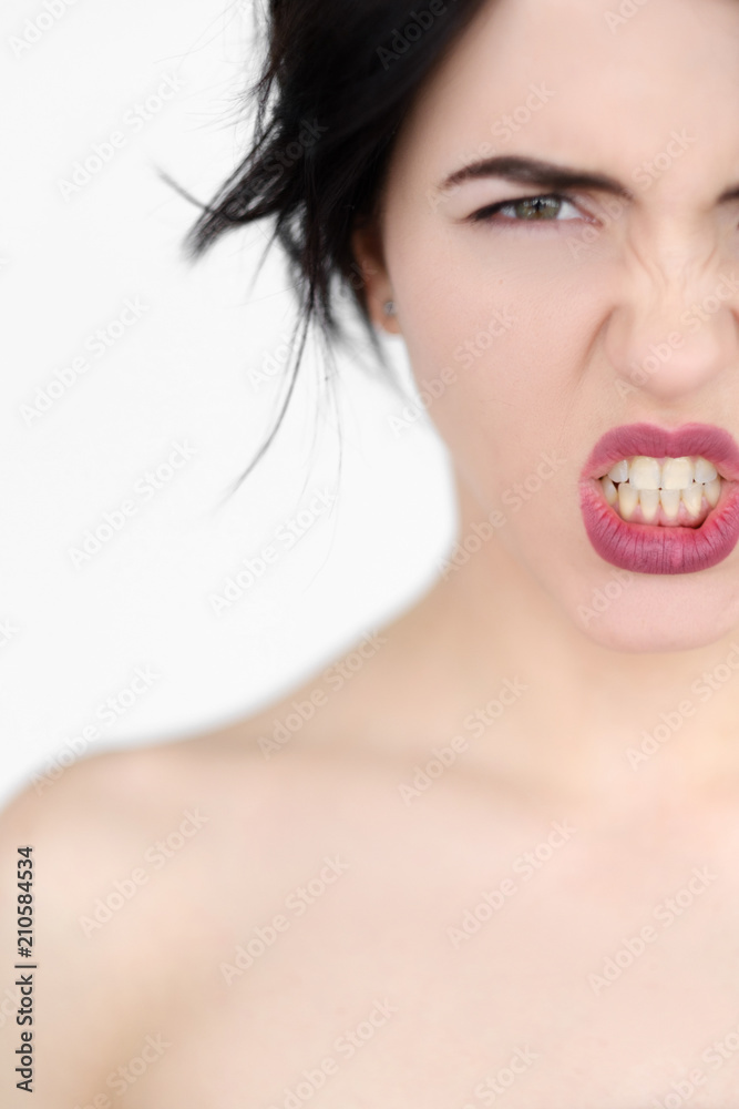 emotion face. furious woman in rage baring the teeth. hateful scowl and ...