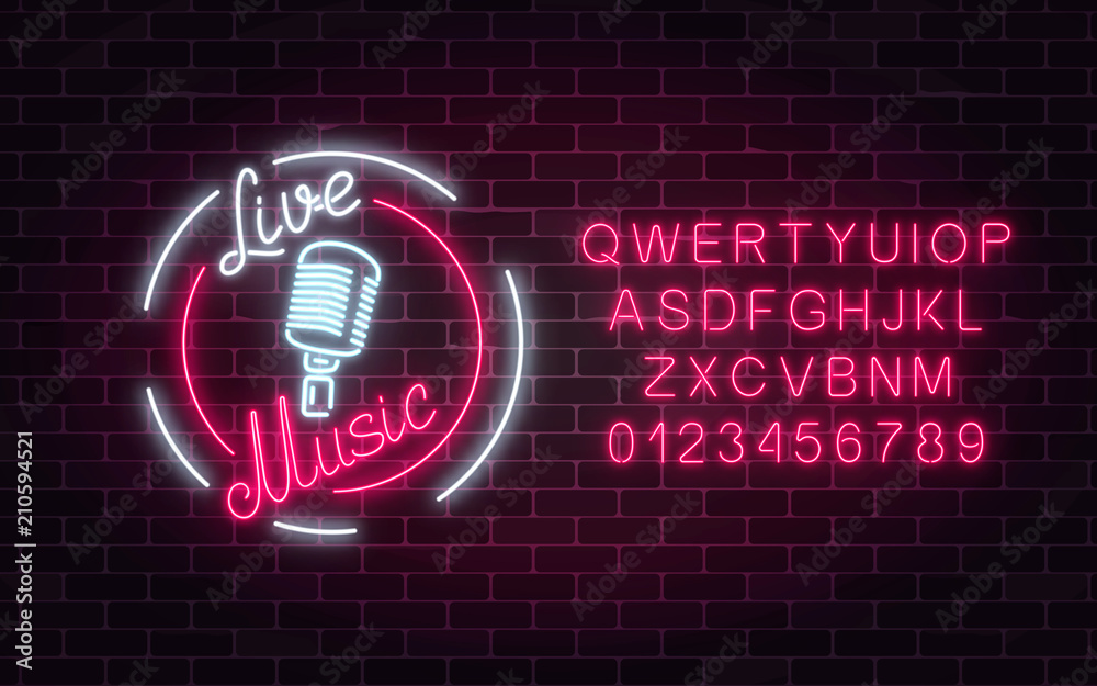 Neon sign of bar with live music and alphabet. Advertising glowing ...