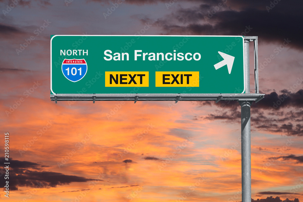 San Francisco California Route 101 Freeway Next Exit Sign with Sunset ...