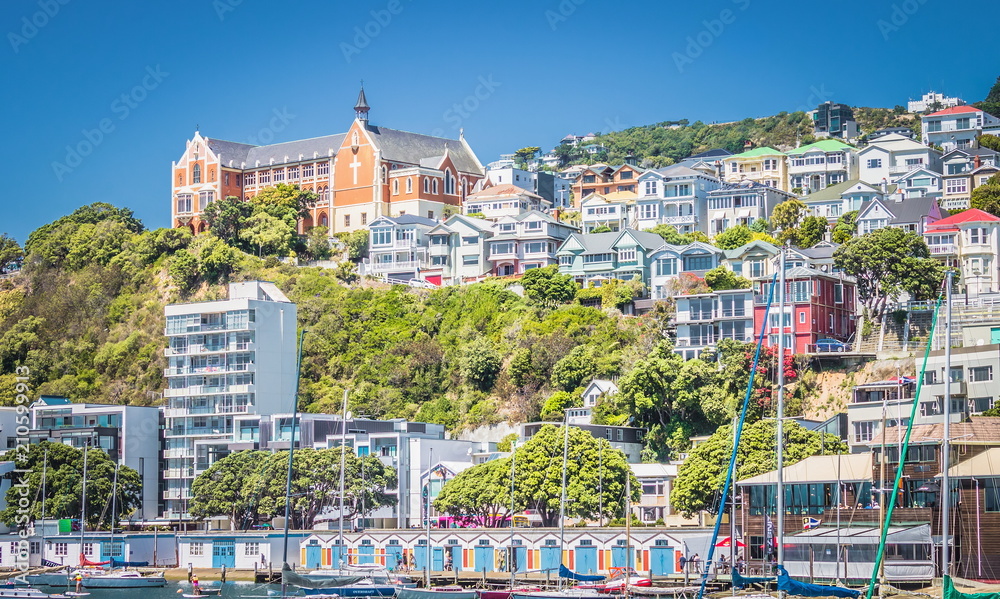 Oriental Parade boat sheds nestled below the iconic St Gerard's ...