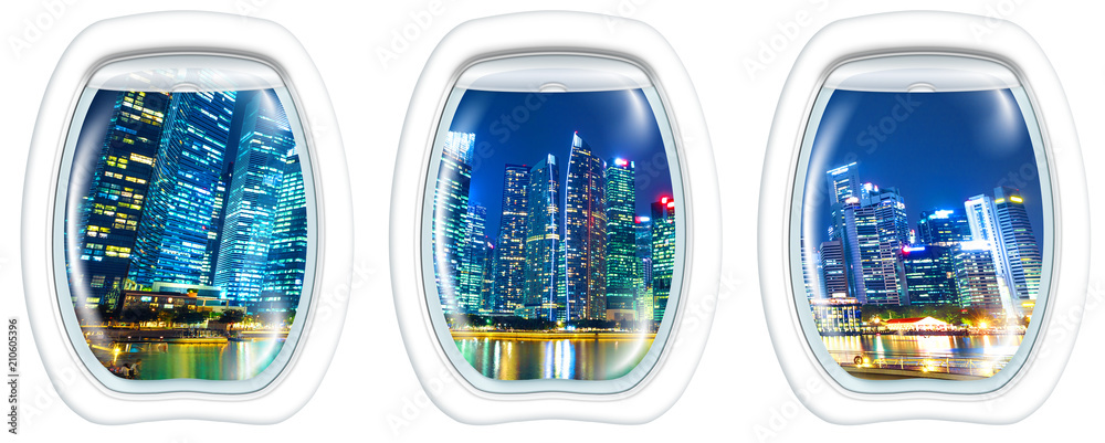 Three porthole frame windows with copy space on white background ...