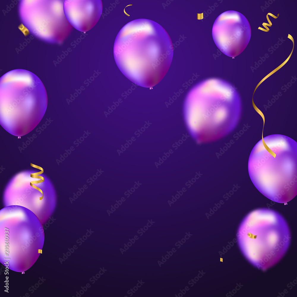 purple balloons, vector illustration Confetti and ribbons, Celebration ...