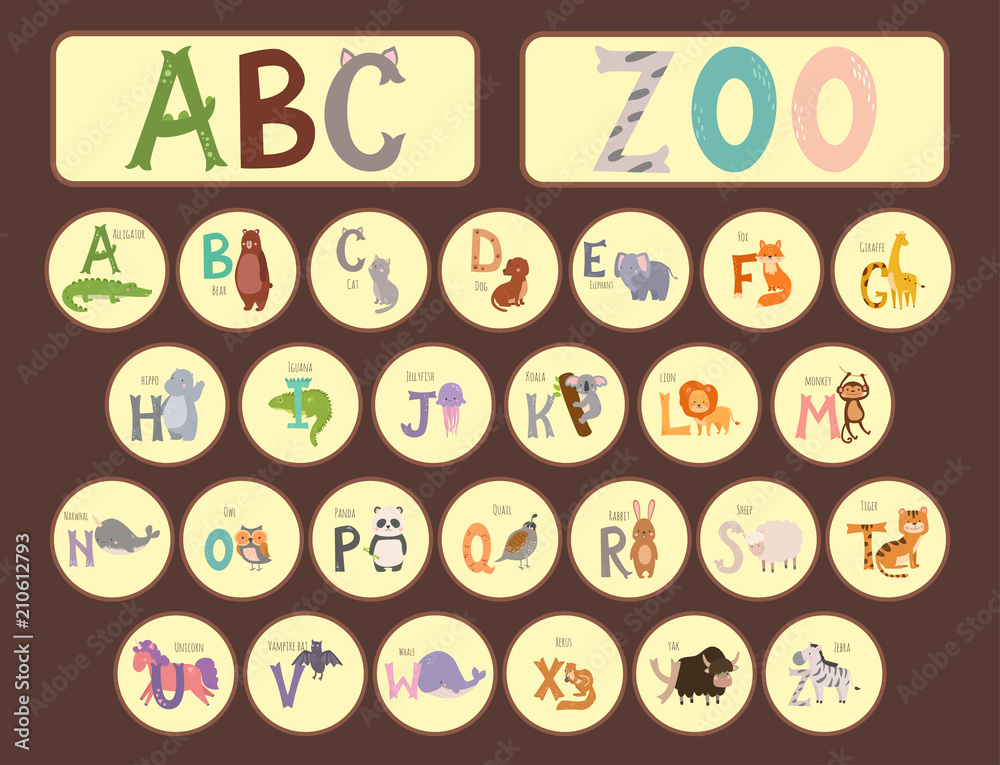 Cute zoo alphabet with cartoon animals funny letters wildlife learn ...