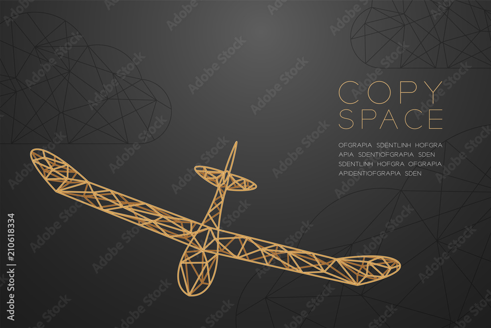 Glider plane gold color and cloud wireframe Low polygon frame structure ...