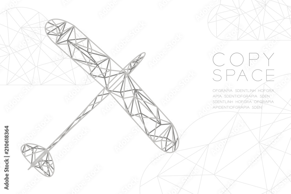 Glider plane silver color and cloud wireframe Low polygon frame ...