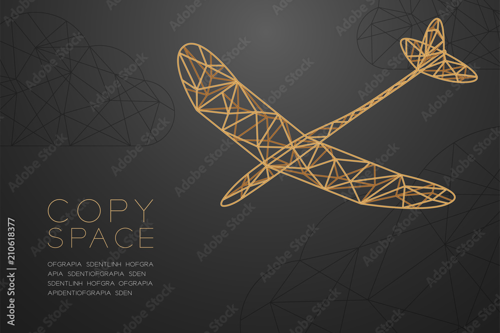 Glider plane gold color and cloud wireframe Low polygon frame structure ...